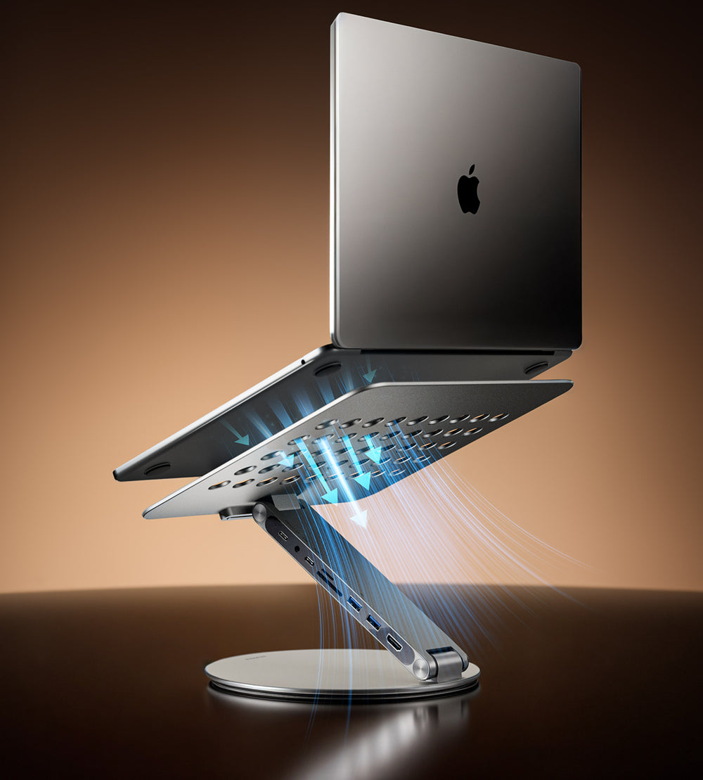 KUXIU X53 Ergonomic Laptop Stand with Built-in 8-in-1 Hub - Wood Grain