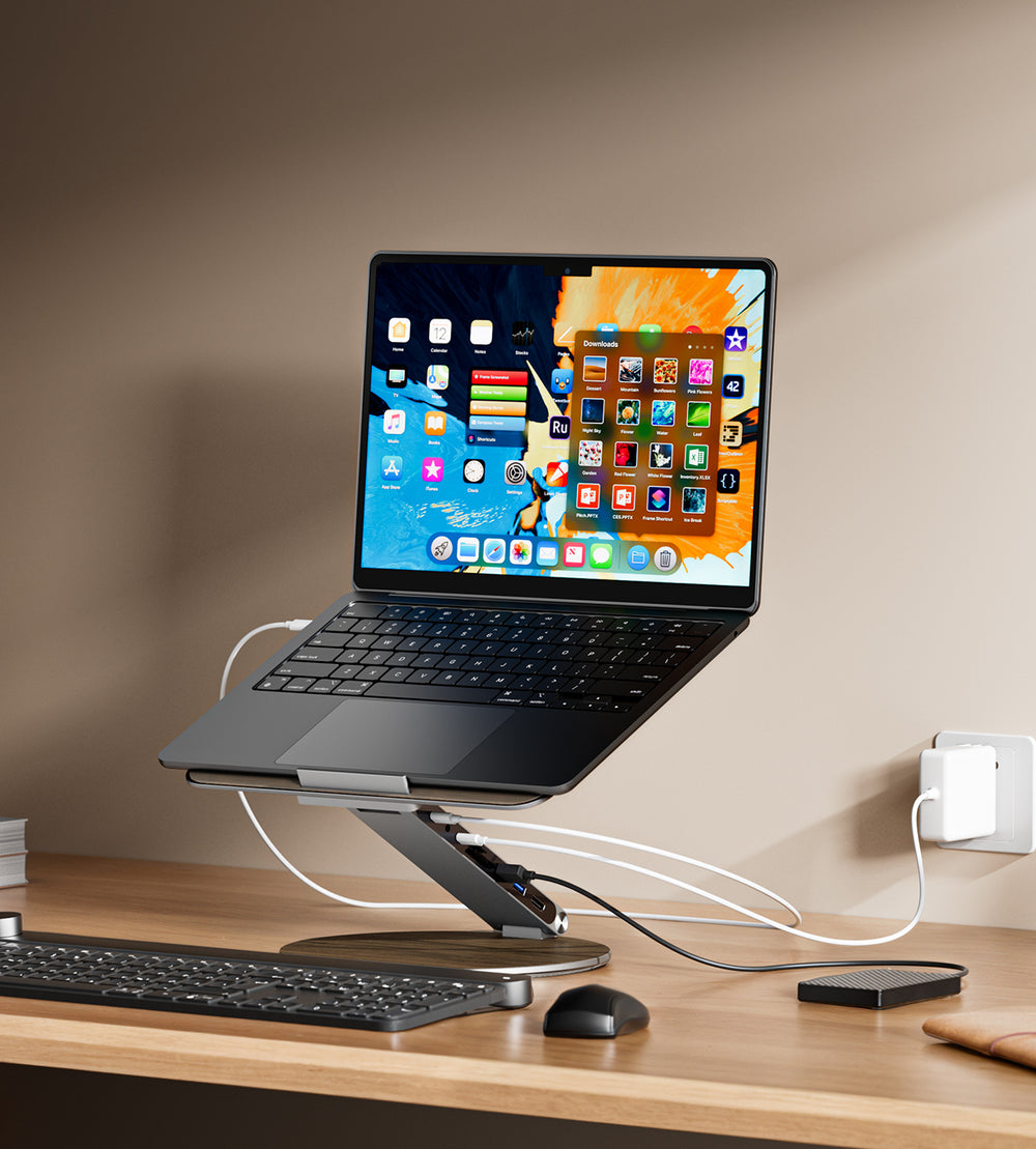 KUXIU X53 Ergonomic Laptop Stand with Built-in 8-in-1 Hub - Wood Grain